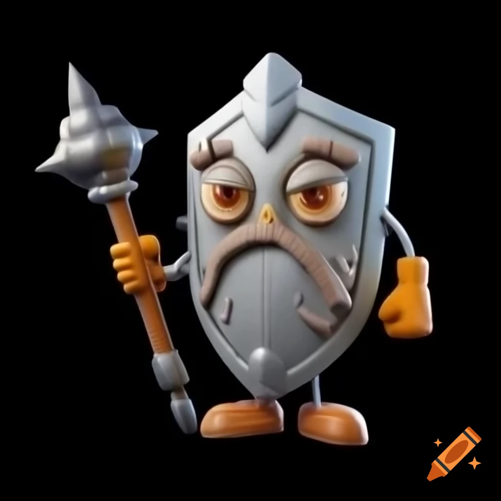 Cartoon shield with grumpy old man face holding spiky mace on Craiyon