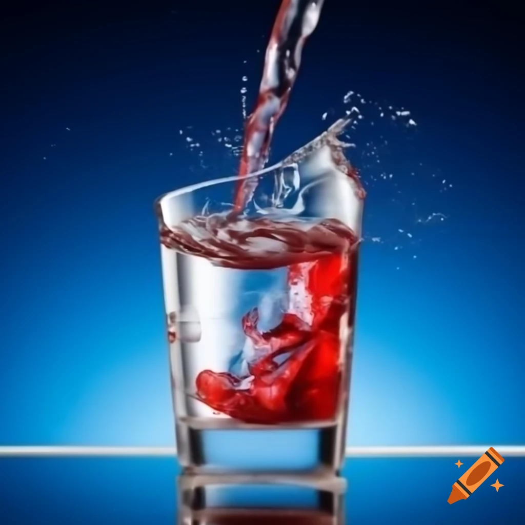 Exploding glass of water with blood red and blue elements on reflective ...