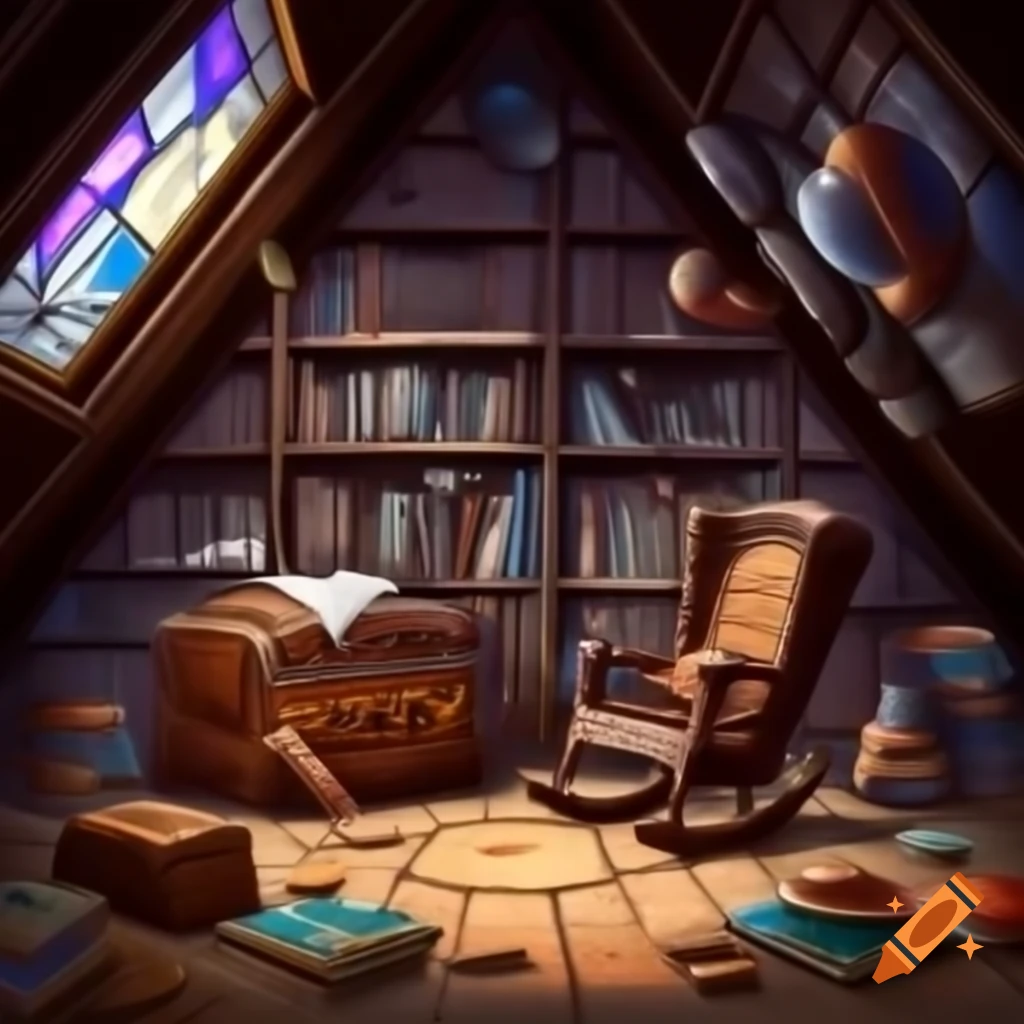 Messy attic with rocking chair, treasure chest, and stained glass style ...