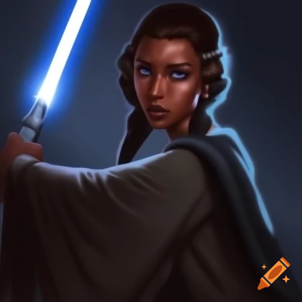 Female Jedi Knight with olive-toned skin and silver-blue eyes, long ...