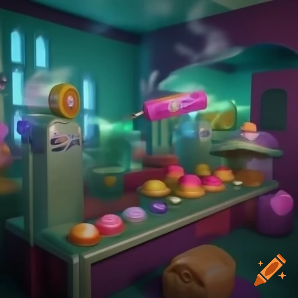 Inventing Room filled with colorful machines creating magical candy ...