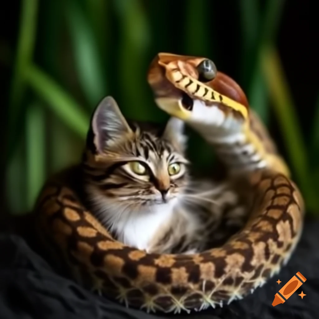 Snake coiling around a kitten, showcasing interaction between animals ...