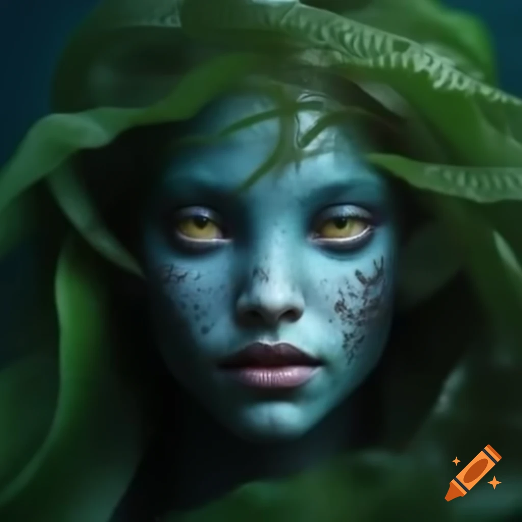 Blue skinned mermaid with seaweed hair showcasing only face on Craiyon