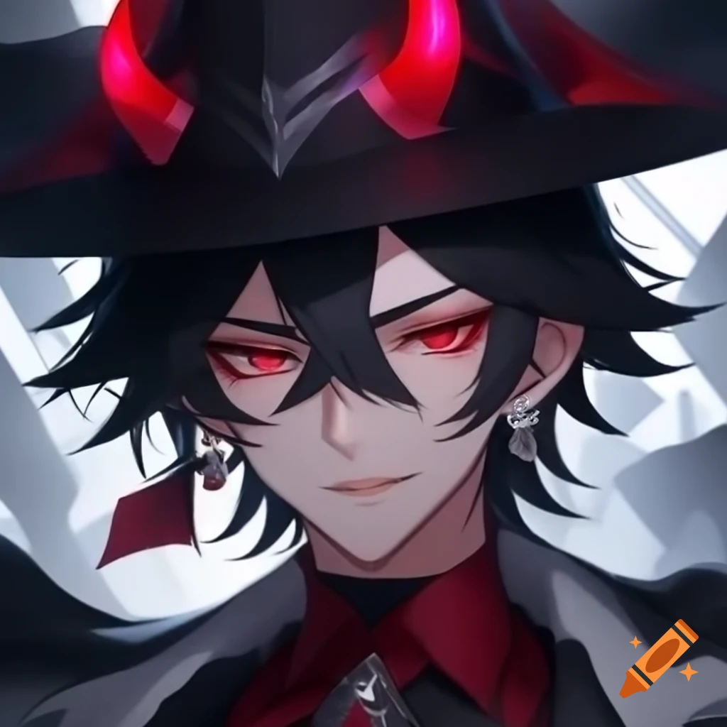 Anime character with black hair and red horns wearing a fedora and red ...