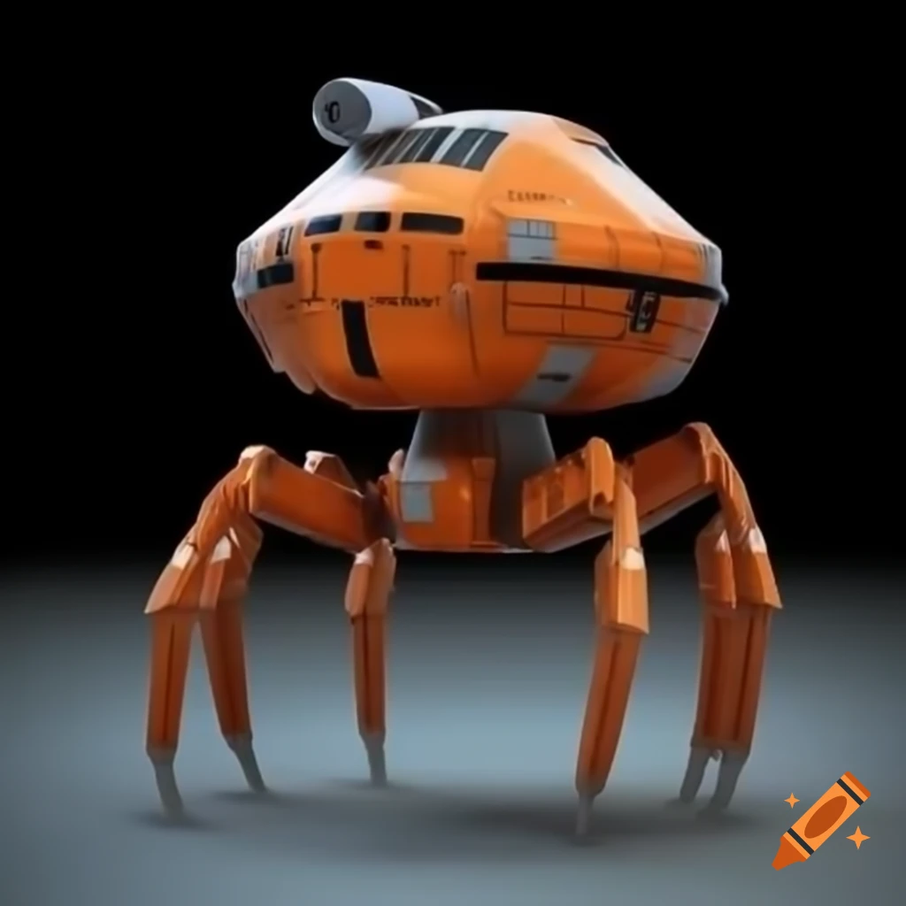 Charming orange and white droid companion with crab-like legs on Craiyon