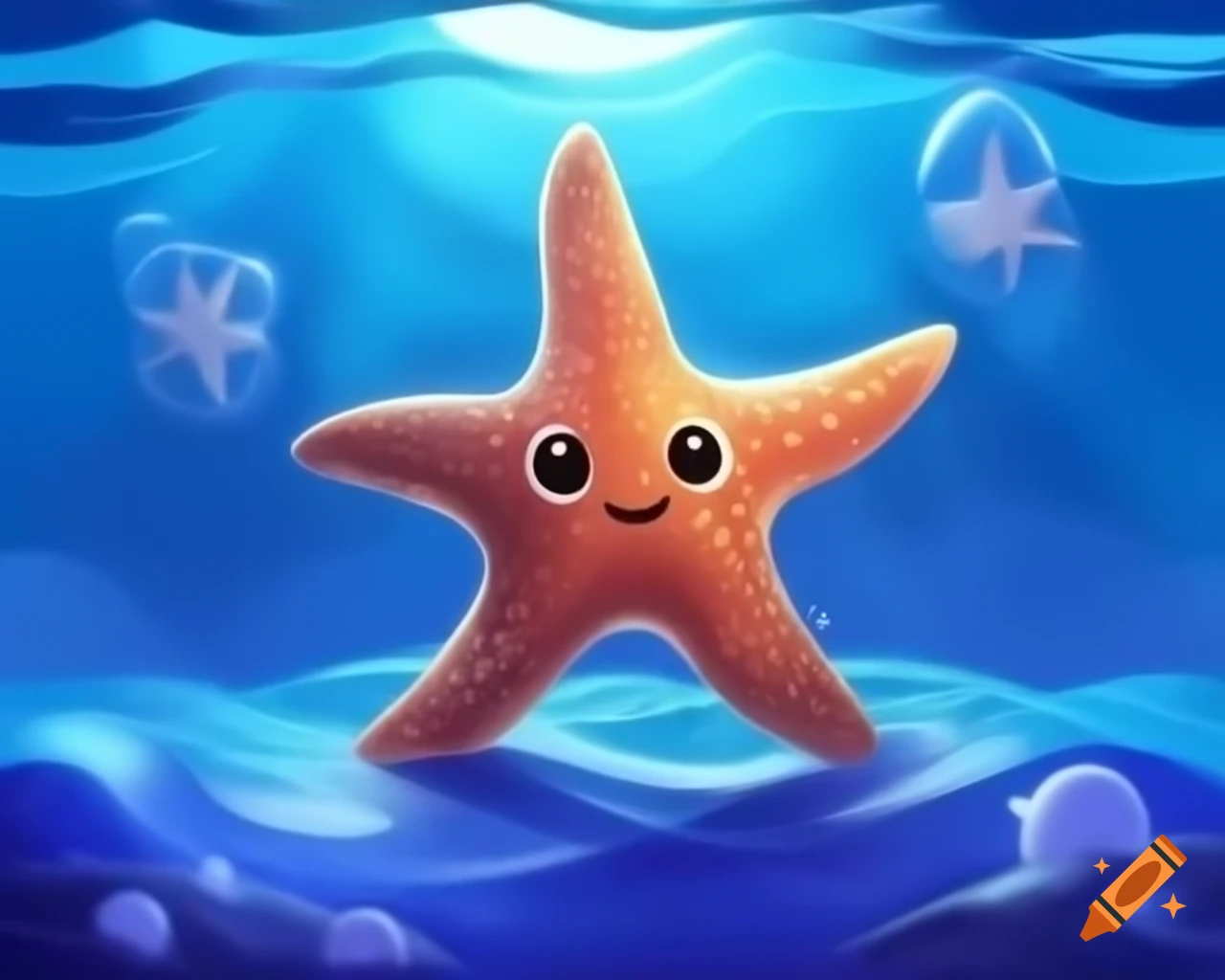 Starfish at the bottom of the ocean in cute animated style on Craiyon