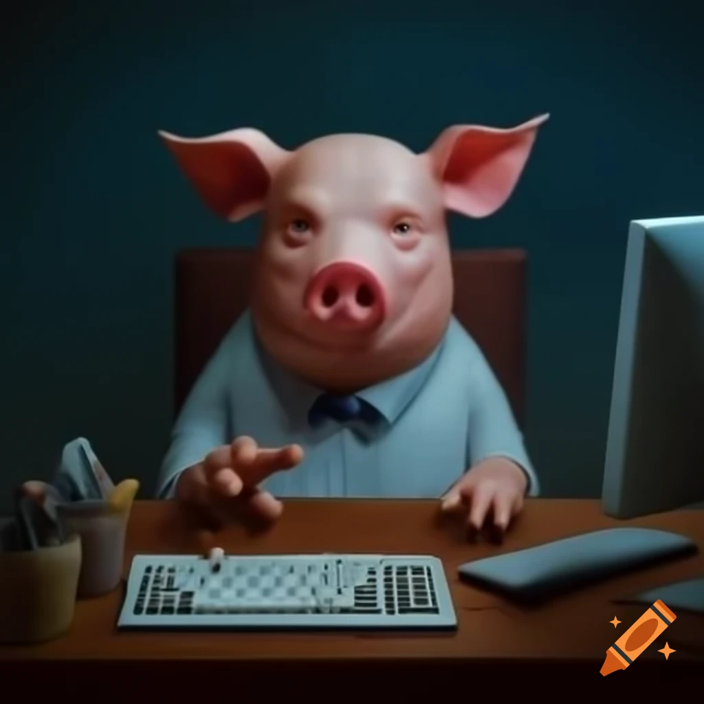 Person at desk with pig-like features typing on a keyboard on Craiyon
