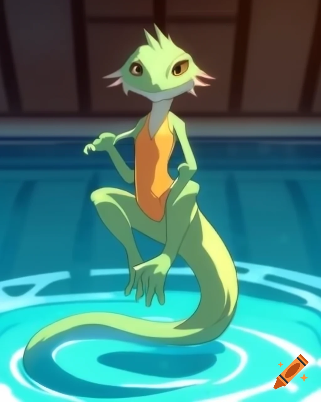 Anime illustration of lizardfolk dancer in an indoor pool on Craiyon
