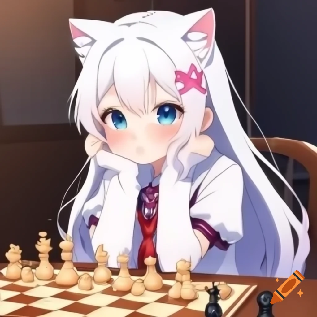 Anime neko girl with white and pink hair contemplating chess move on ...