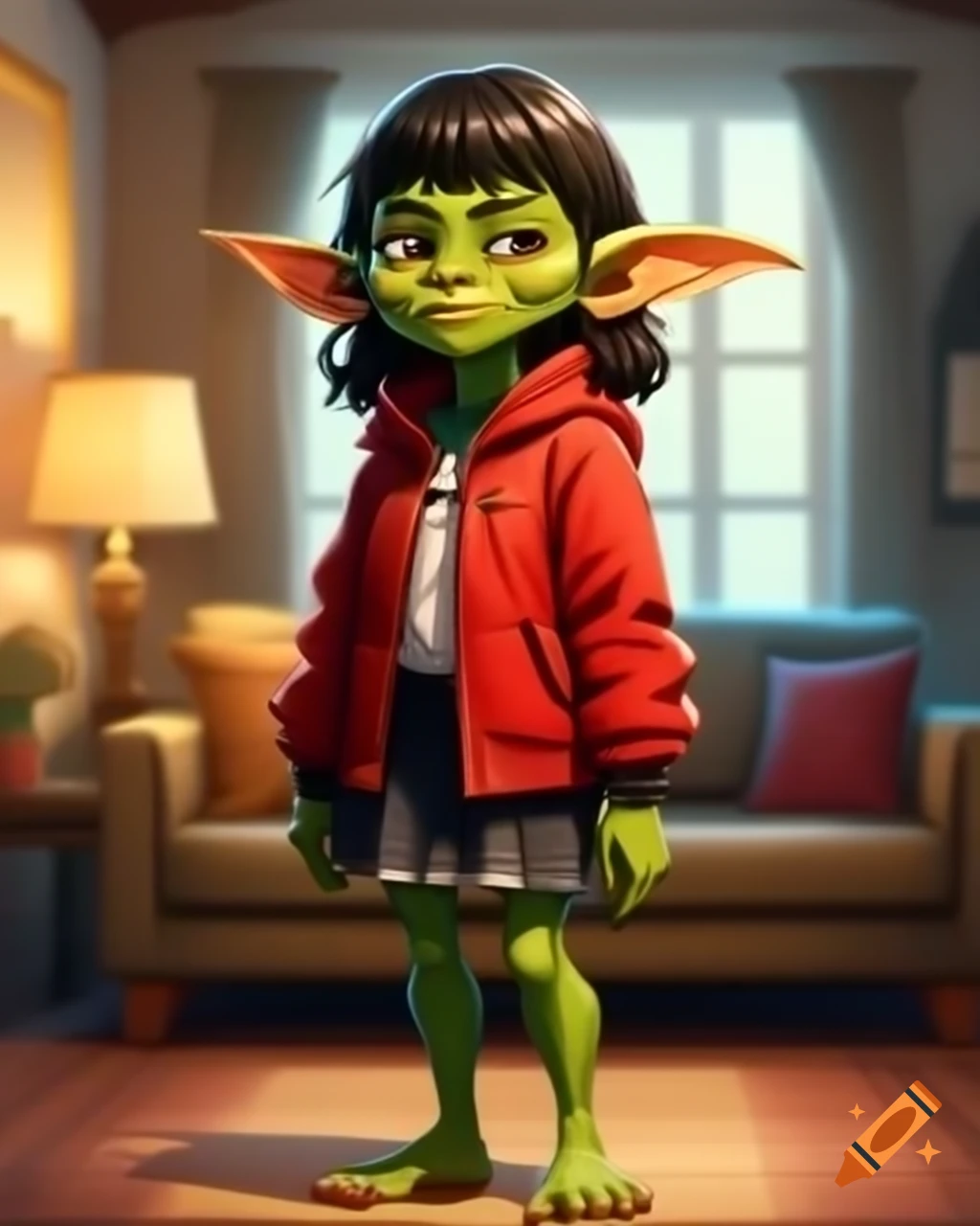 Green-skinned goblin girl in red jacket and black dress barefoot in ...