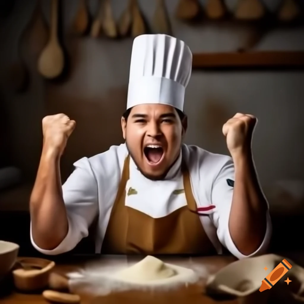 Young Mexican chef celebrating victory in baking competition on Craiyon