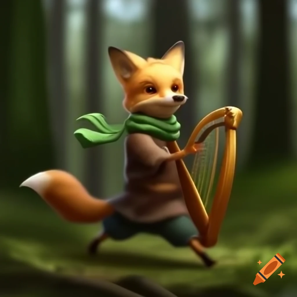 Humanoid yellow fox in peasant clothes playing Celtic harp in woods on Craiyon