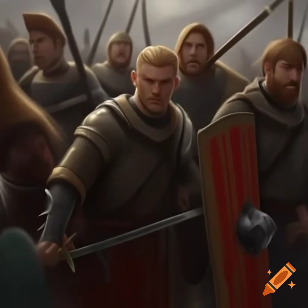 Medieval soldiers in chain and leather armor surrounding their captain ...