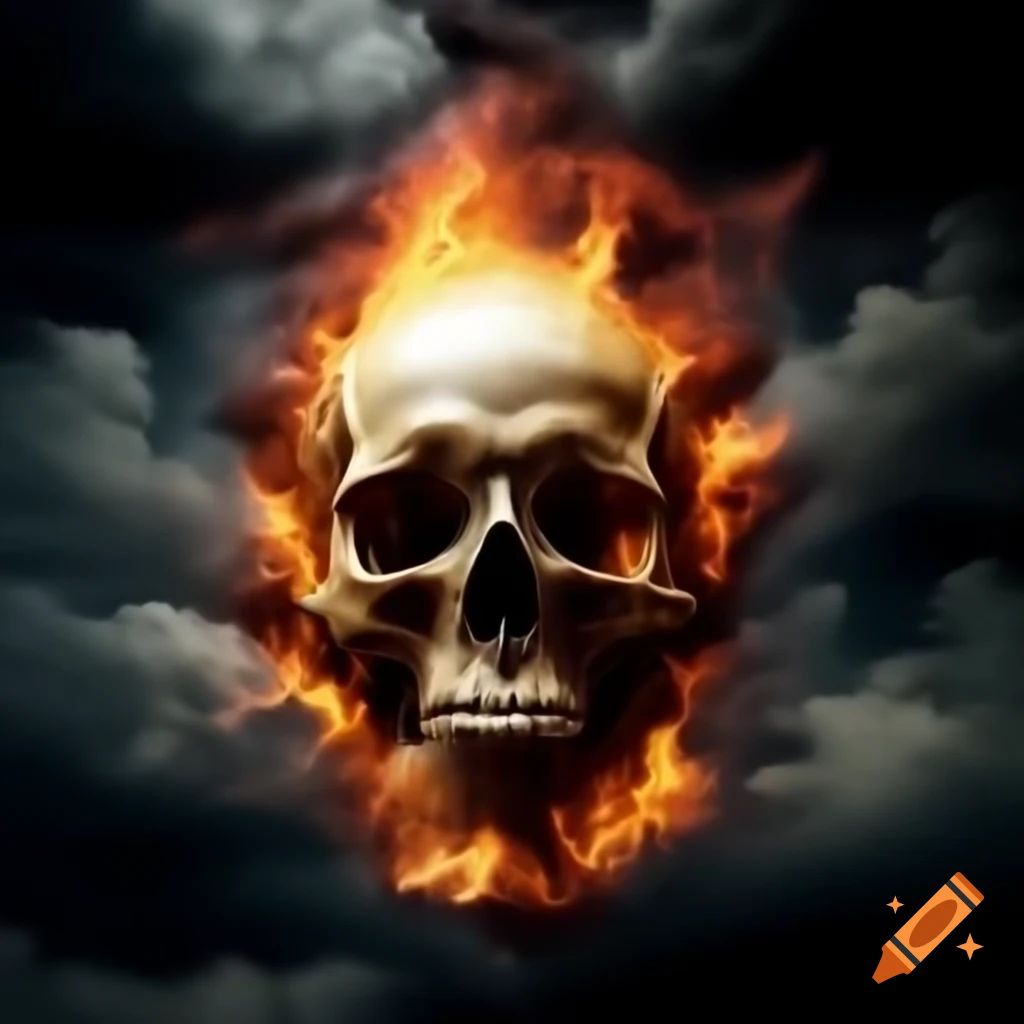 Ominous burning skull in black sky with reddish clouds, painting style ...
