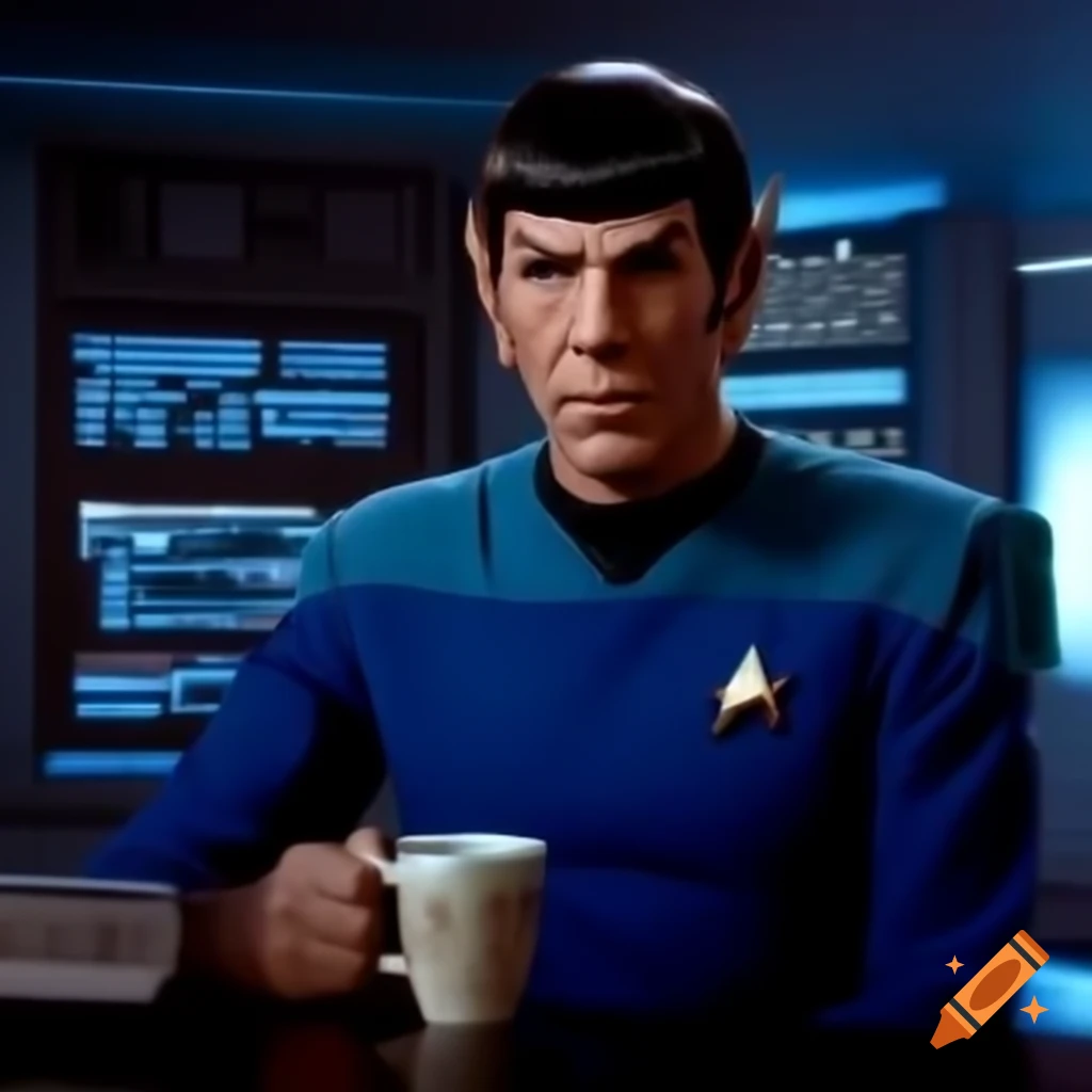 Mr. Spock in scientific control room holding a cup of coffee on Craiyon