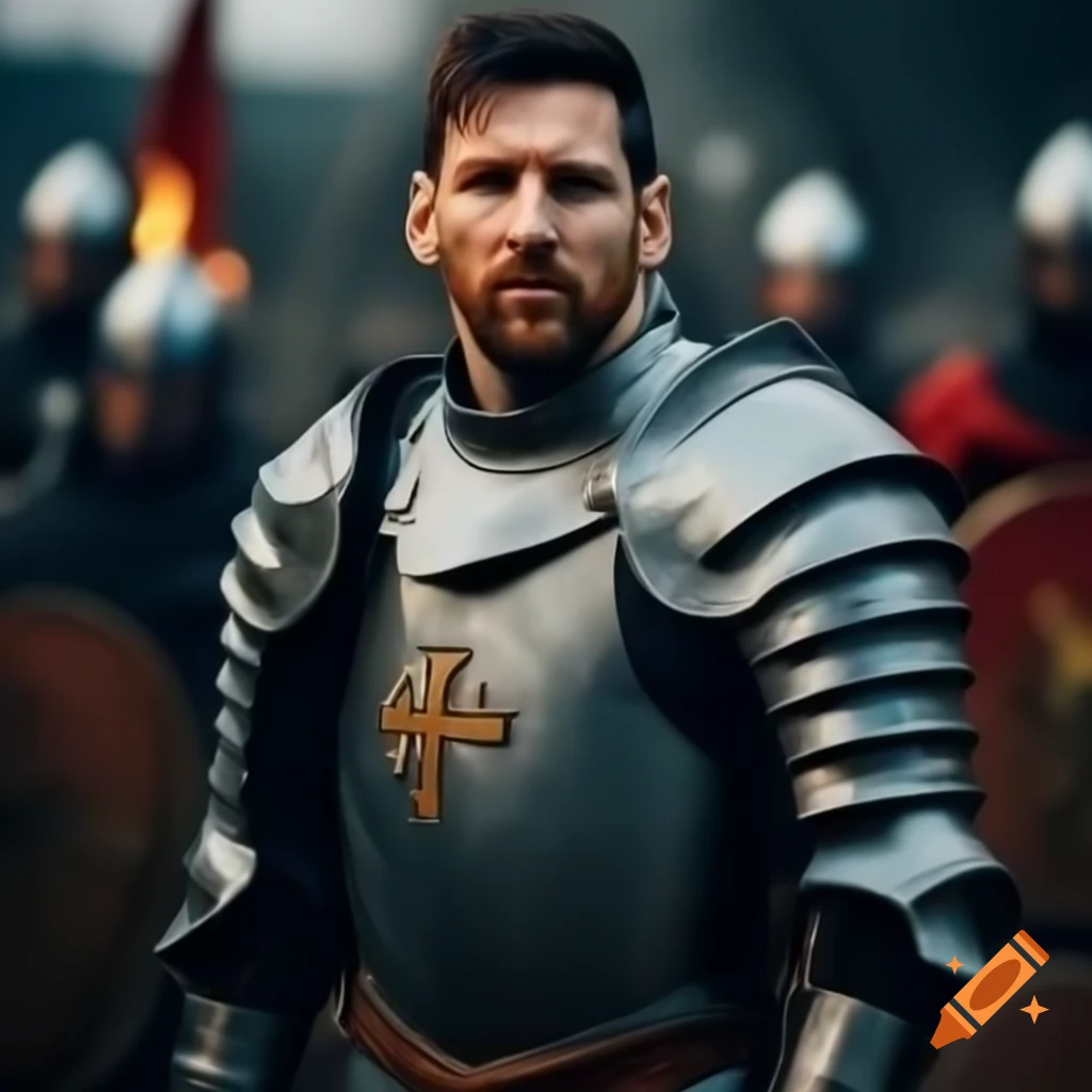 Lionel Messi depicted as a medieval knight in silver armor on a ...