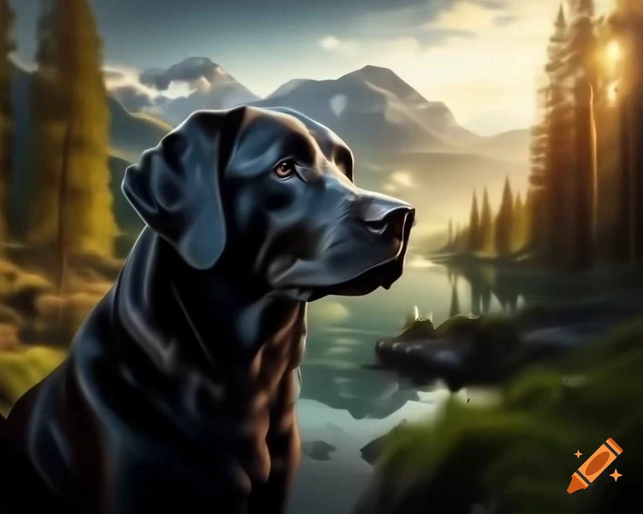 3D render of Black Labrador Retriever in forest with majestic mountains ...