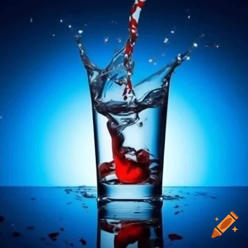 Exploding glass of water with blood red elements against blue ...