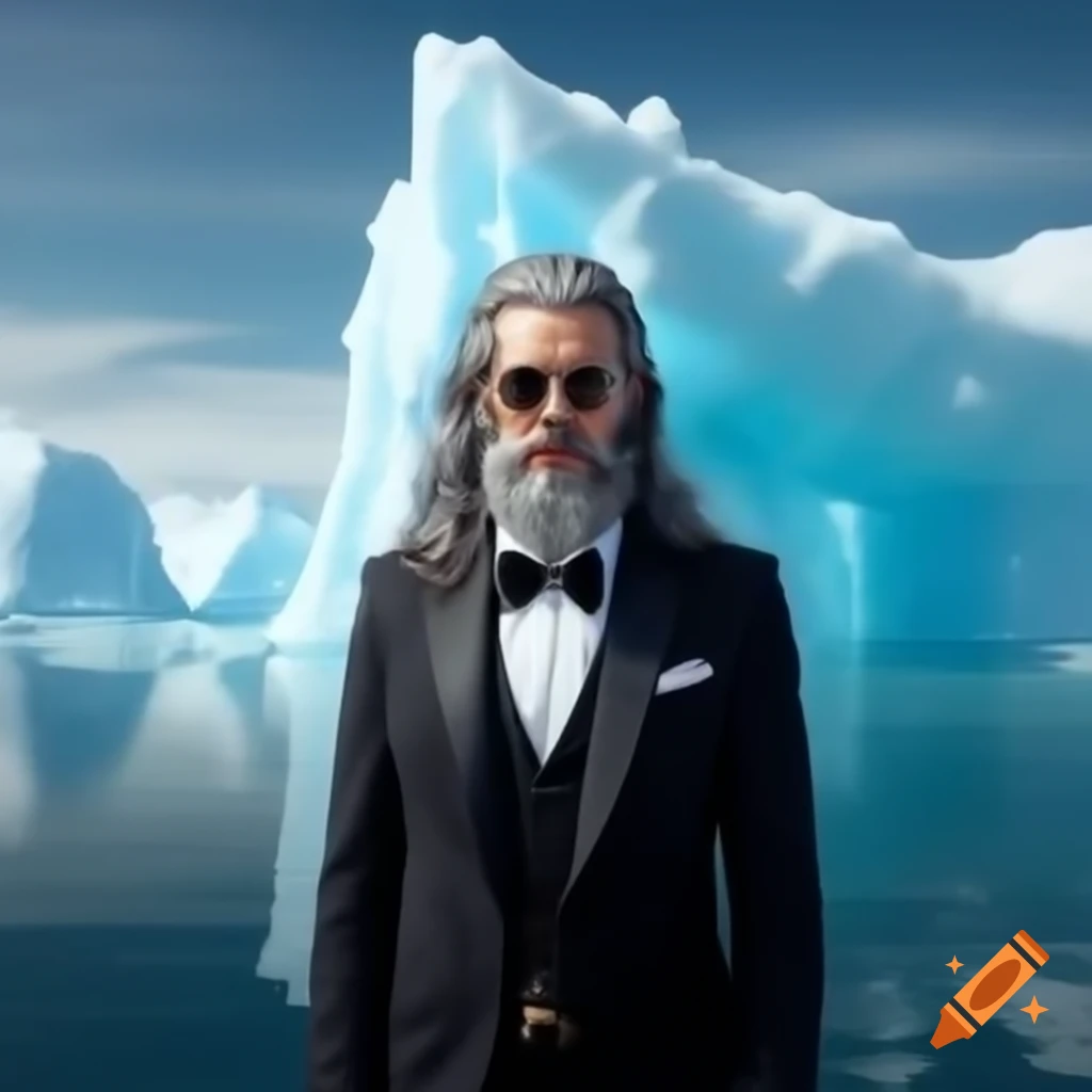 Mythical figure resembling Zeus or Jesus in tuxedo on giant red iceberg ...