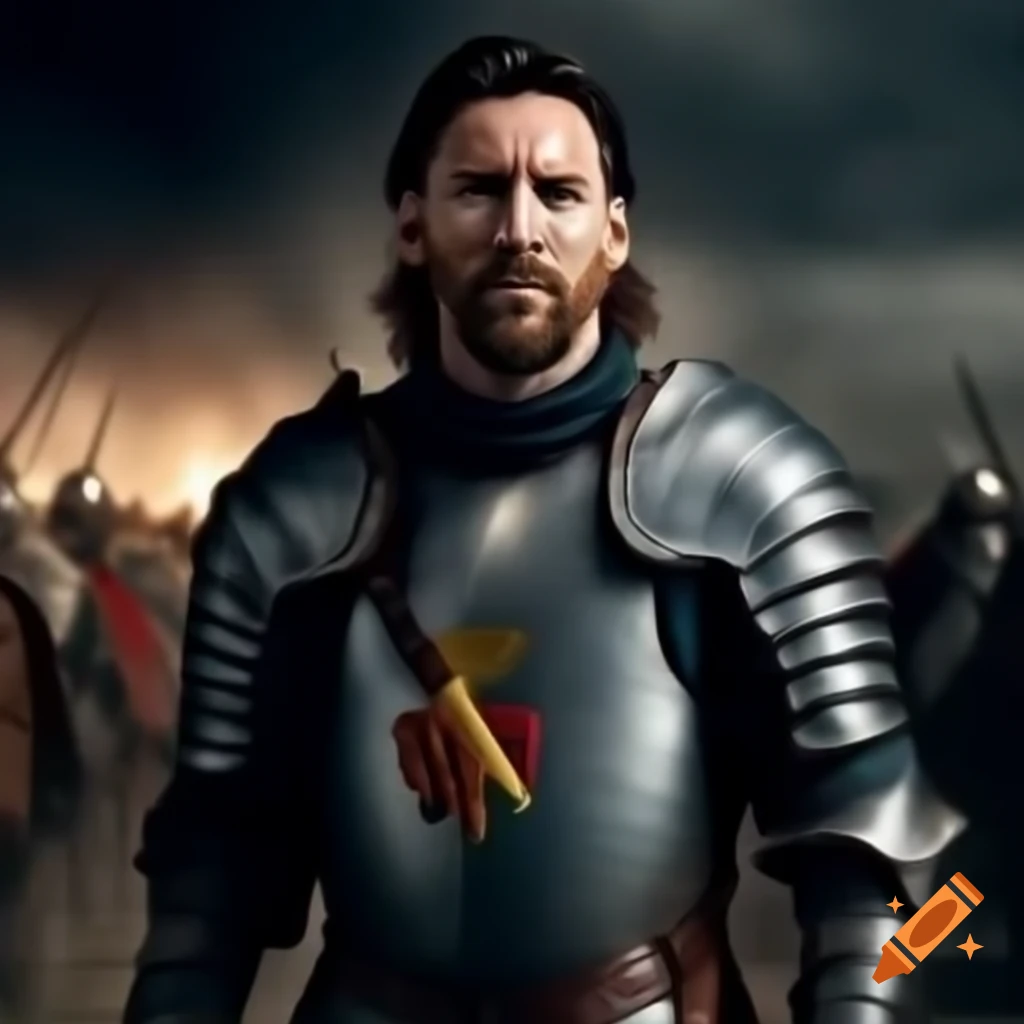 Lionel Messi depicted as a medieval knight in silver armor on a ...