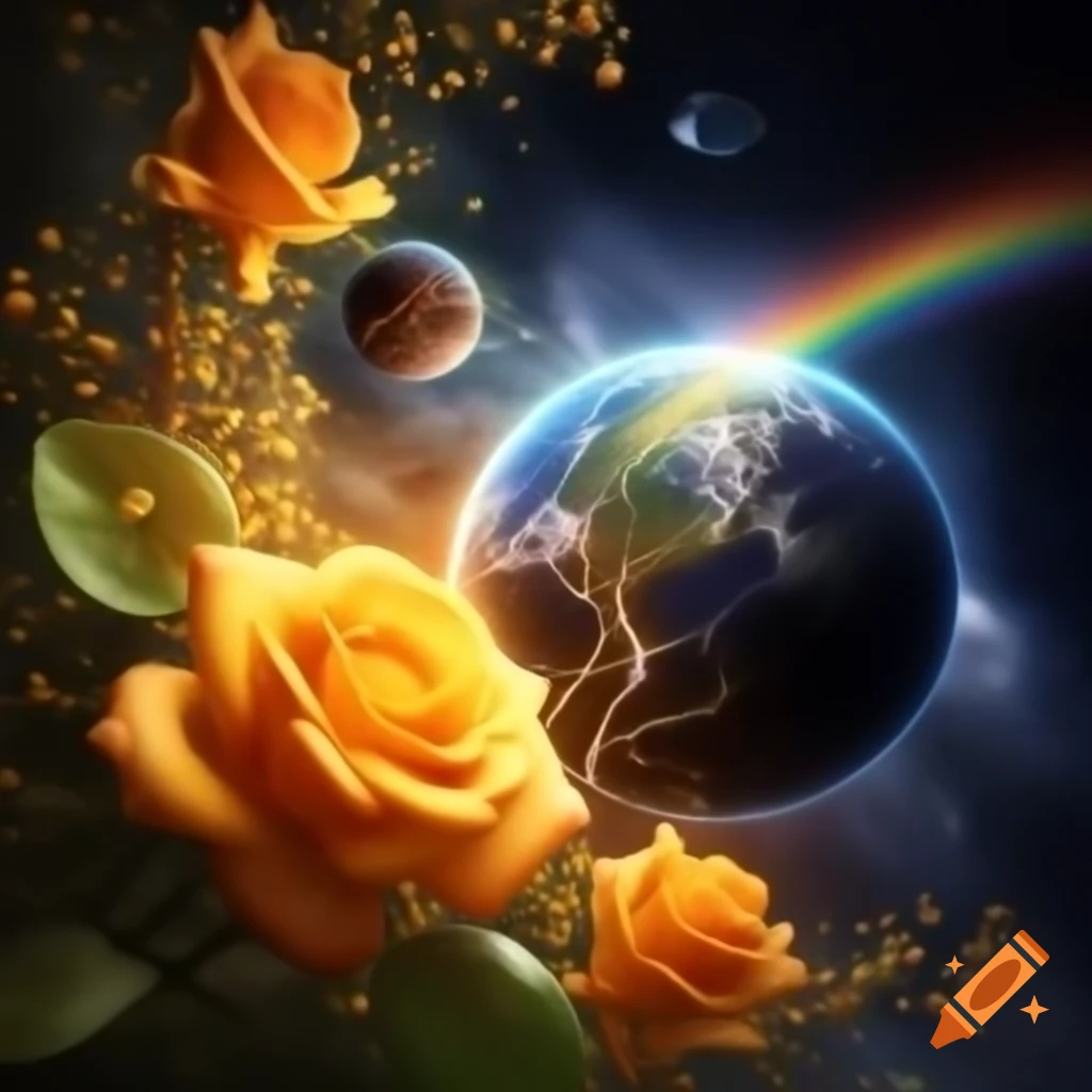 Artistic arrangement of thorny strings and yellow roses around colorful ...