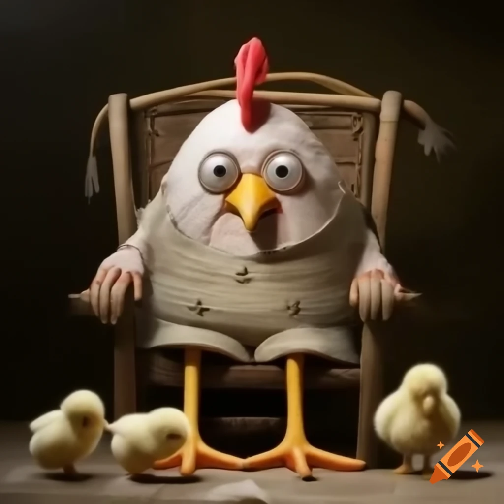 Claymation-style anthropomorphic chicken knitting in wicker chair with ...