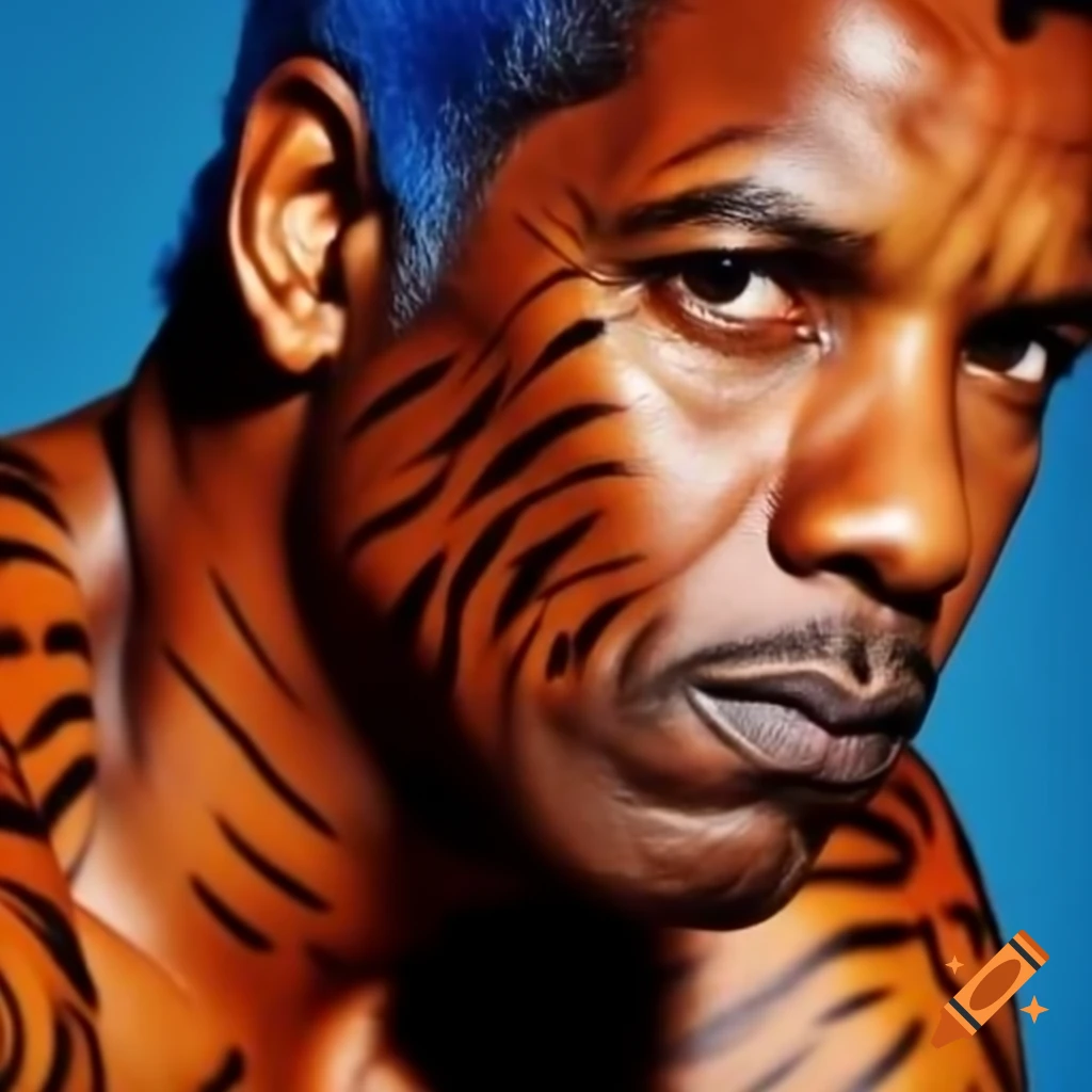 Muscular man with tiger-style makeup and vibrant blue hair on Craiyon