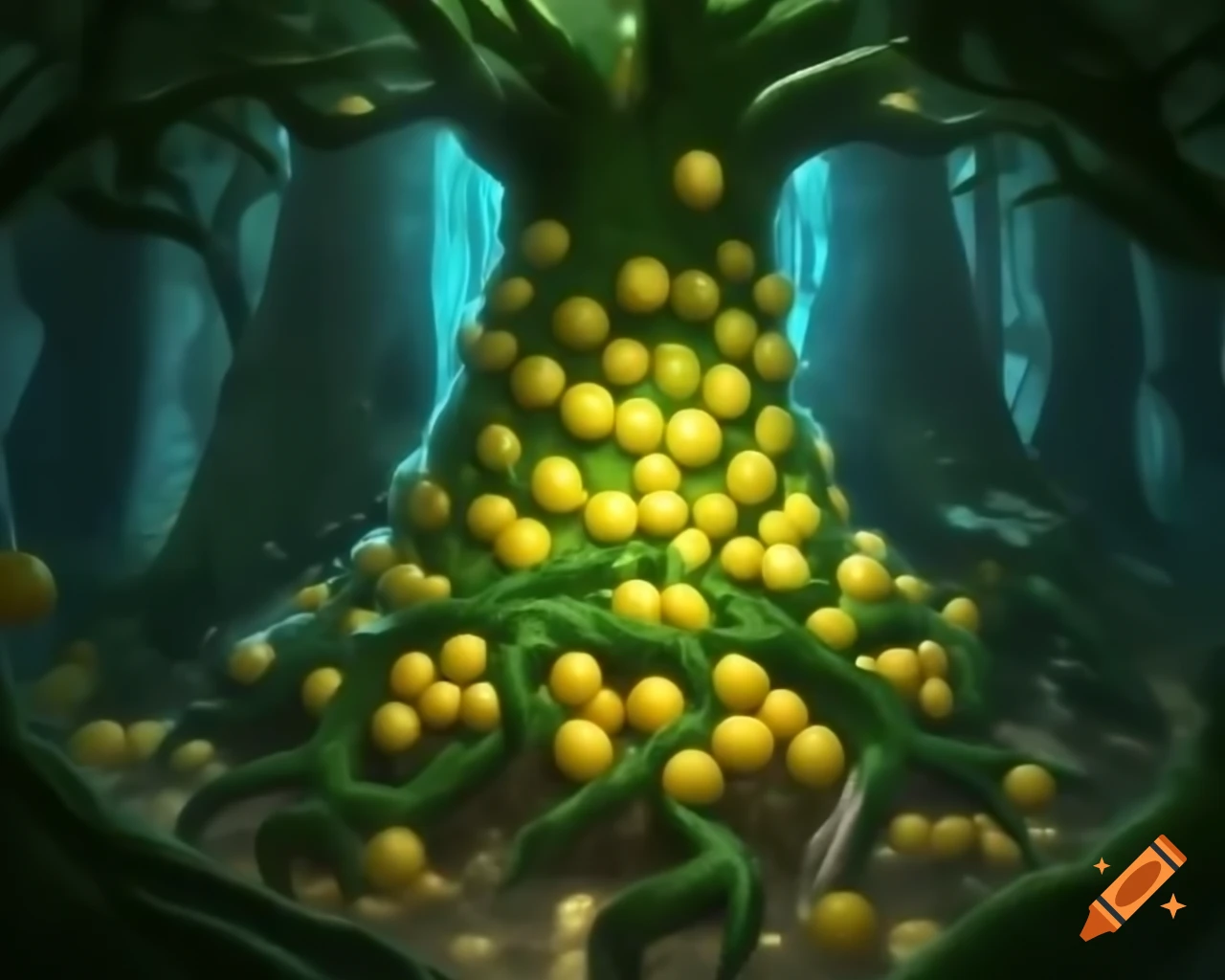 Whimsical Mutant Omega Mart Lemon Fruit Tree Monster on Craiyon