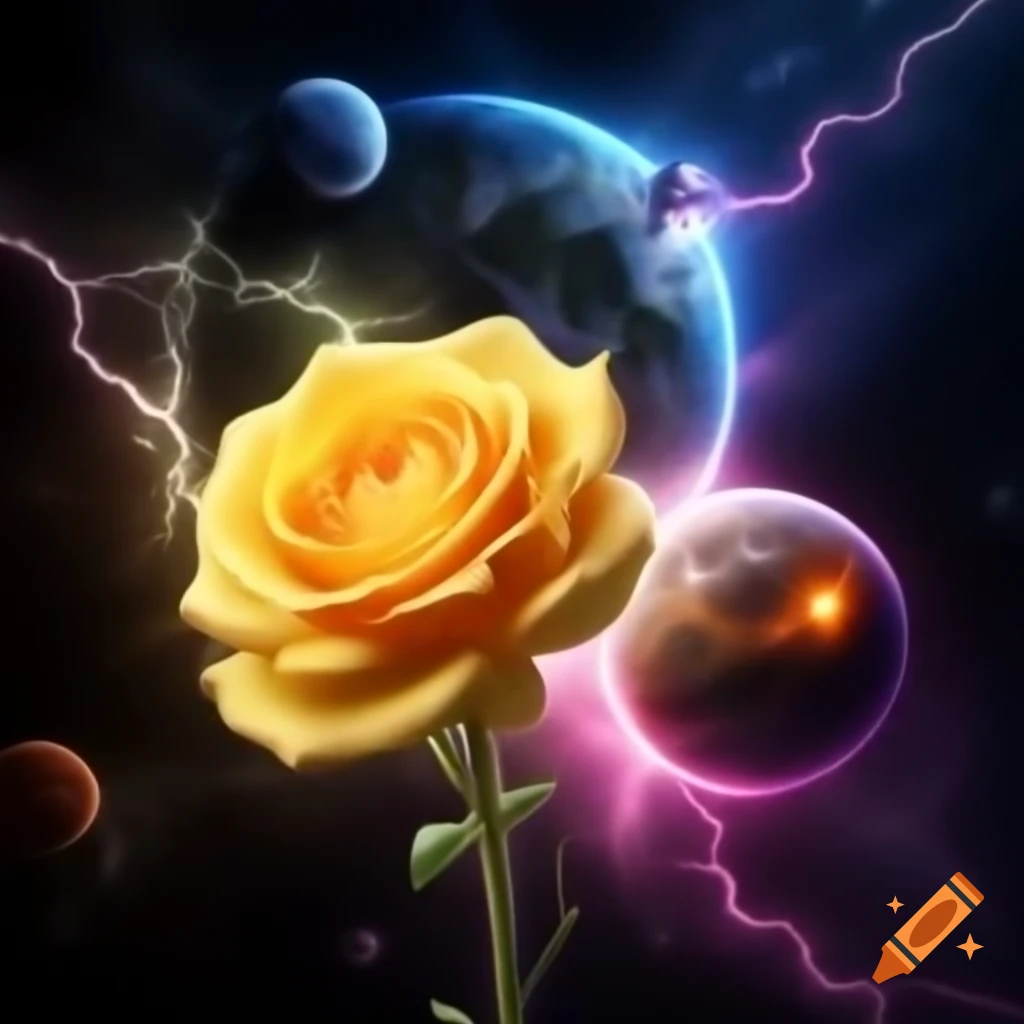 Spiky yellow roses surrounding colorful earth planets with lightning in ...