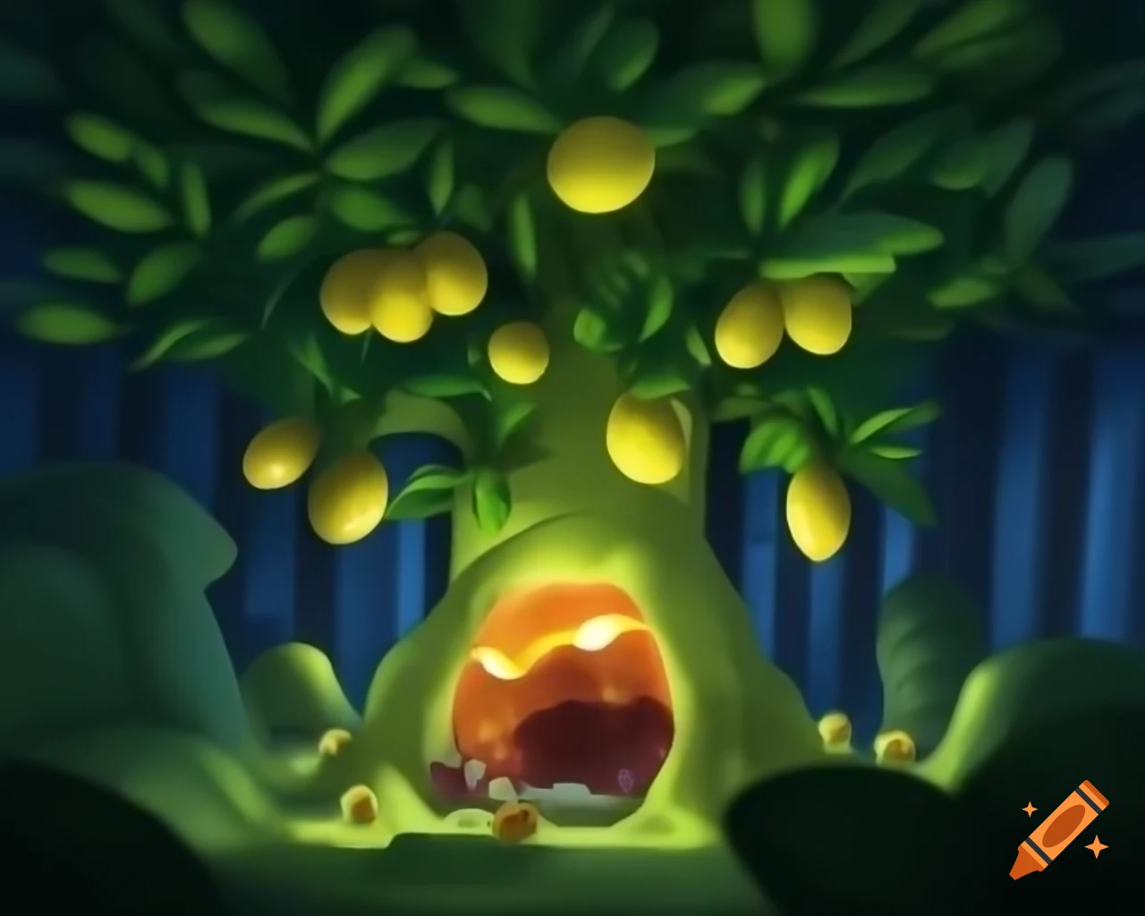 Whimsical Mutant Omega Mart Lemon Fruit Tree Monster on Craiyon