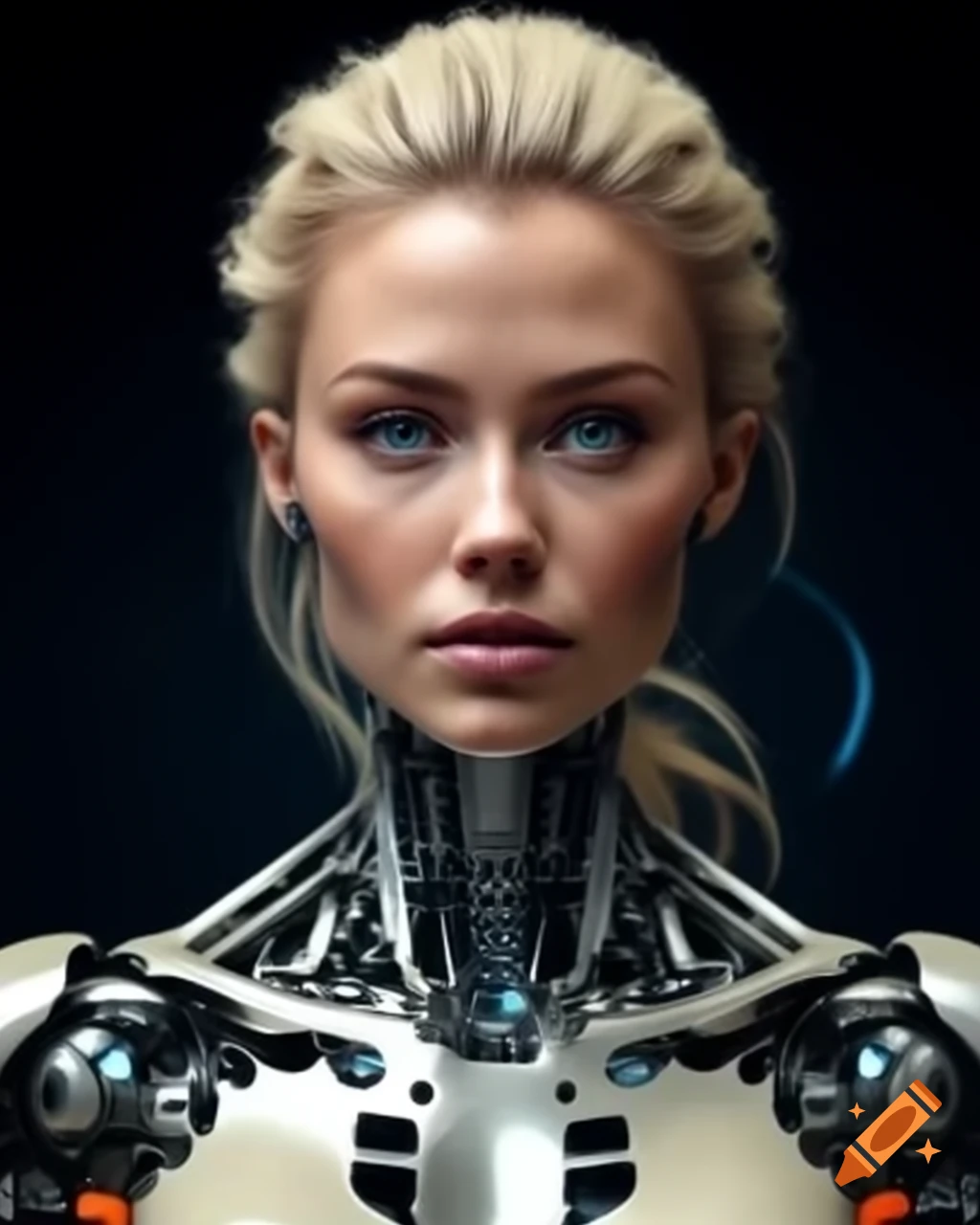 Blonde female cyborg with human face and chrome steel body on Craiyon