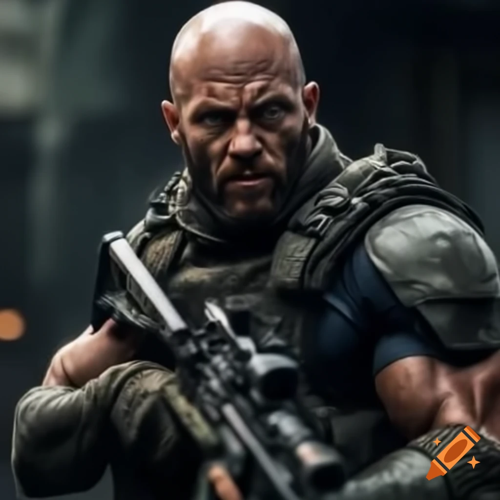 Bald warrior in tactical gear showcasing strength and focus on Craiyon