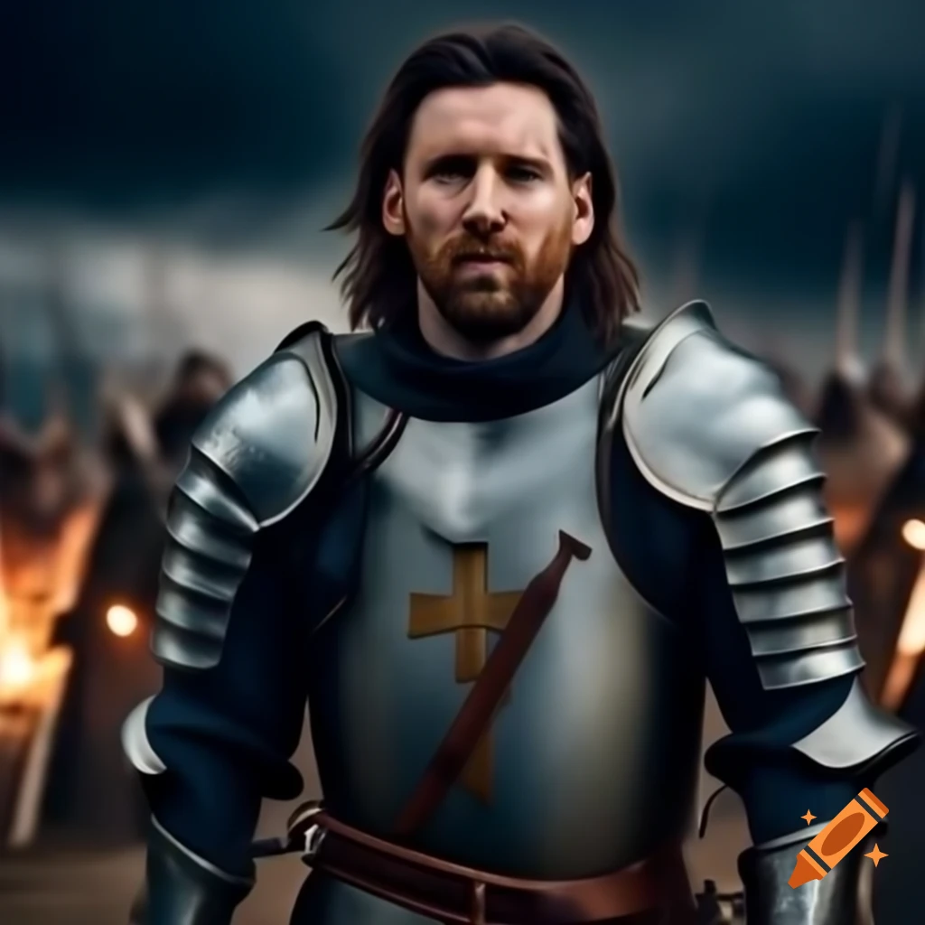 Lionel Messi depicted as a medieval knight in silver armor on a ...