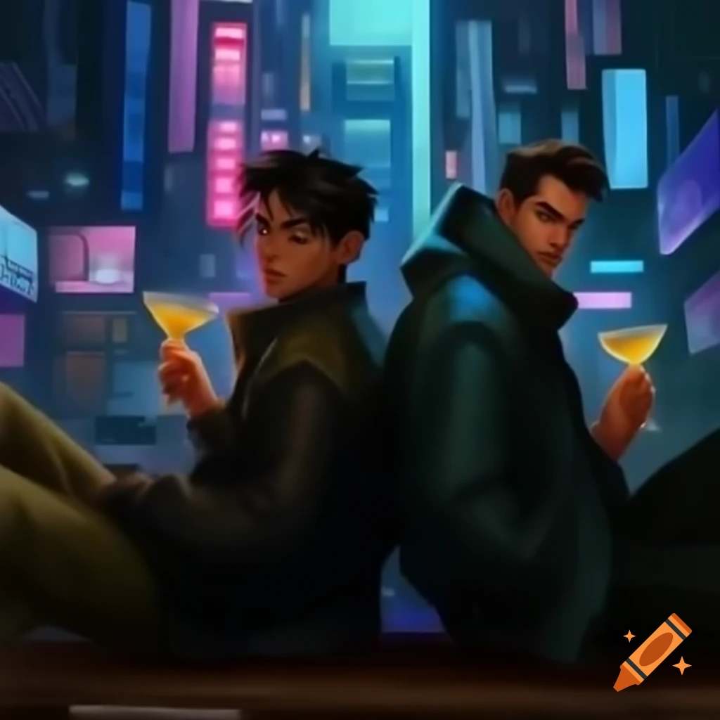 Young man in cyberpunk city holding martini and stumbling on Craiyon
