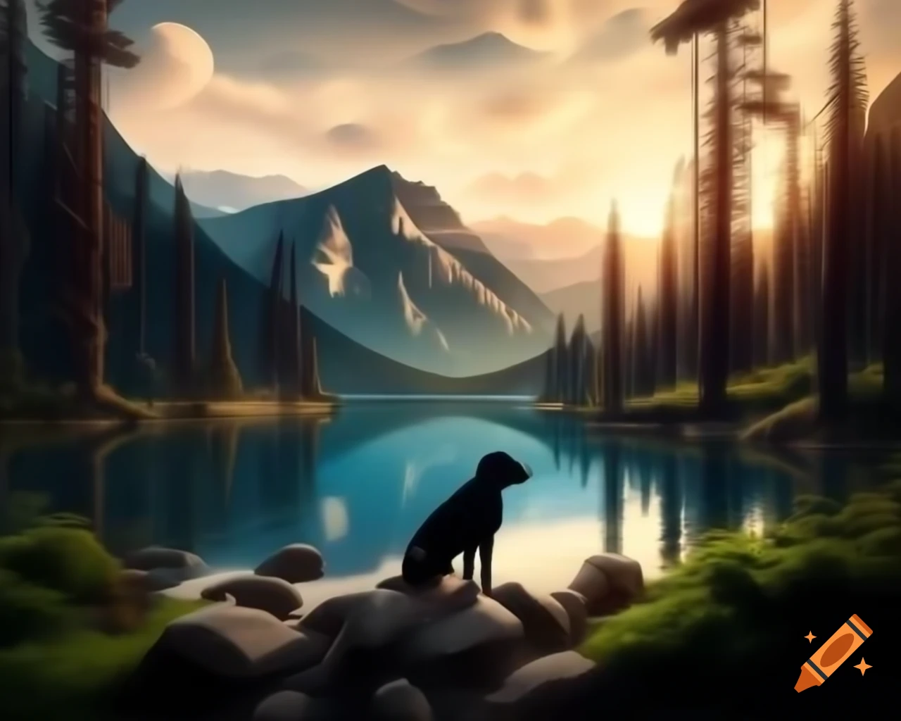 3D render of Black Labrador Retriever in forest with majestic mountains ...