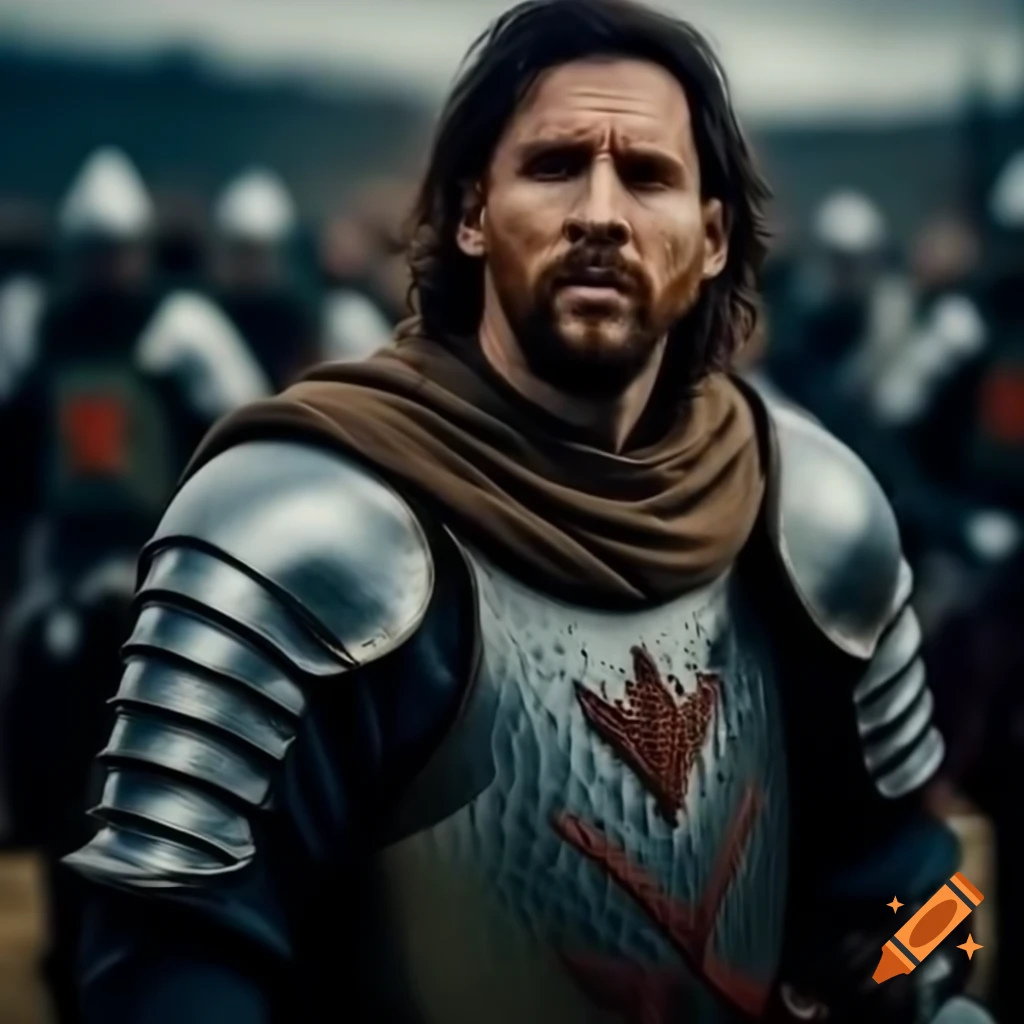 Lionel Messi depicted as a medieval knight in silver armor on a ...