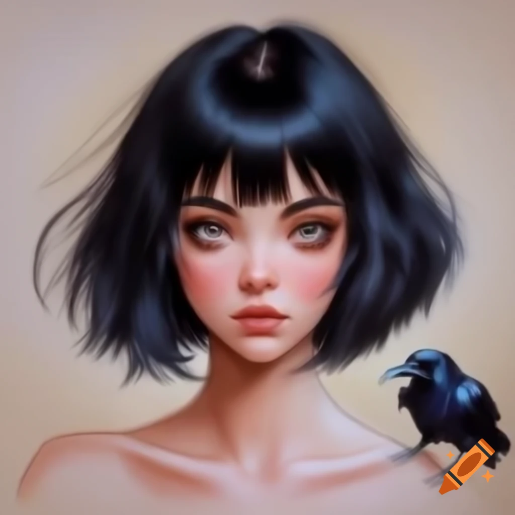 Young woman with raven hair and striking white eyes, exuding gentle ...