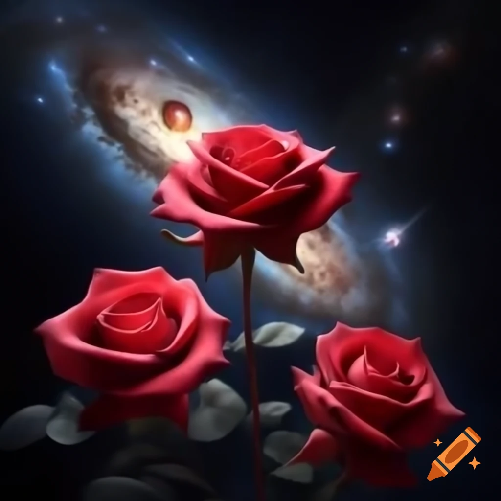 Torn red roses surrounding two large galaxies on Craiyon