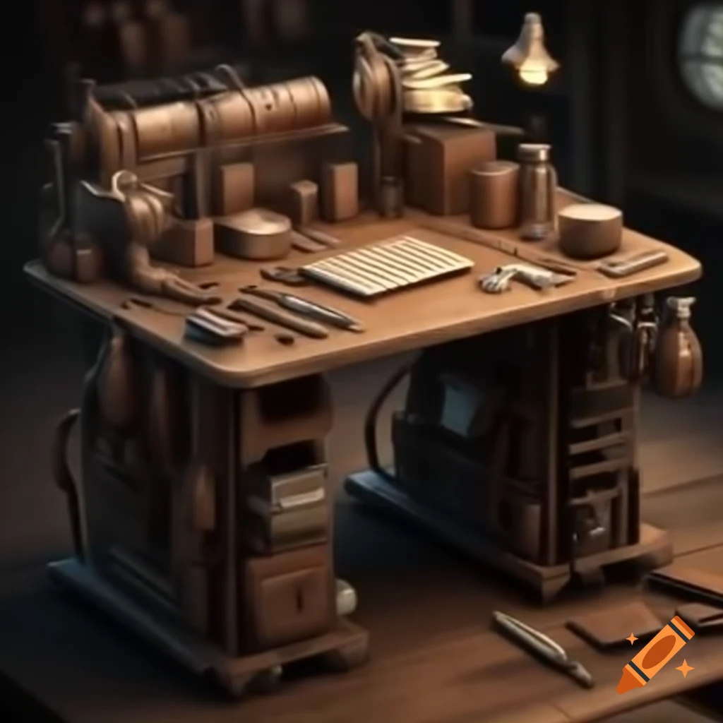Steampunk style workbench with various desk tools on Craiyon