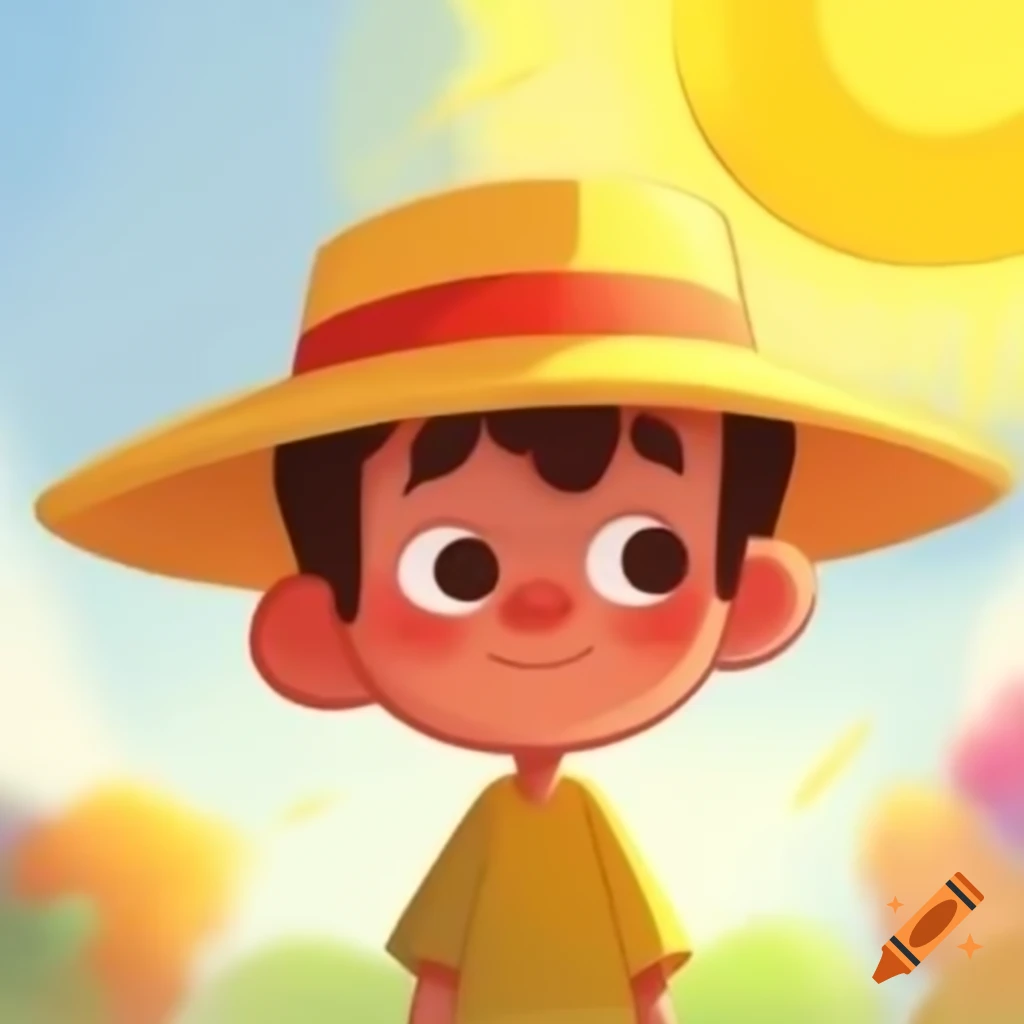 Cute cartoon boy in sun hat enjoying sunny day, children's illustration ...
