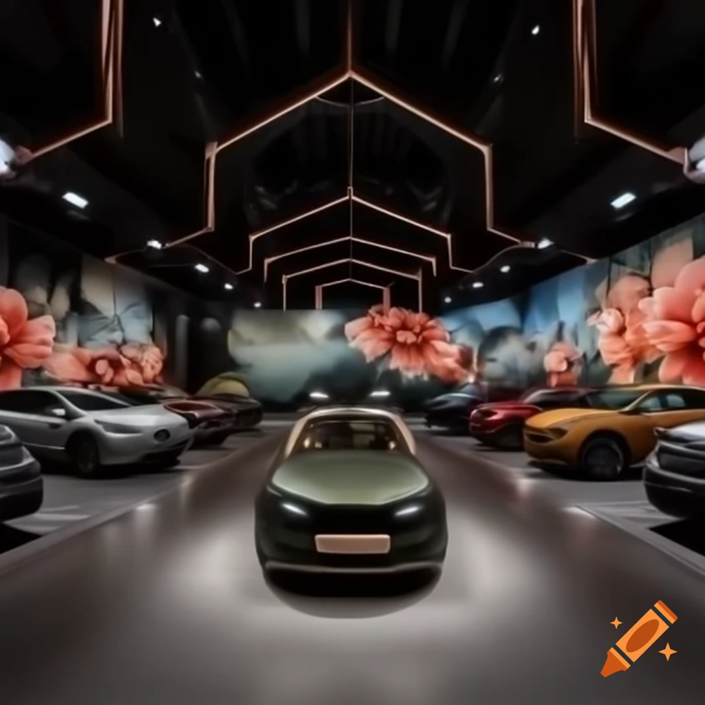 Gothic elegance car shop with modern colorful murals and displayed ...