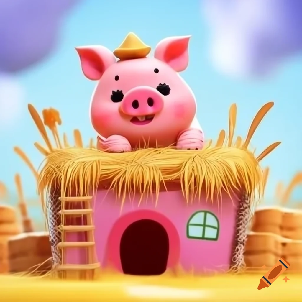 Cartoon pig stacking straw bundles into whimsical house on Craiyon