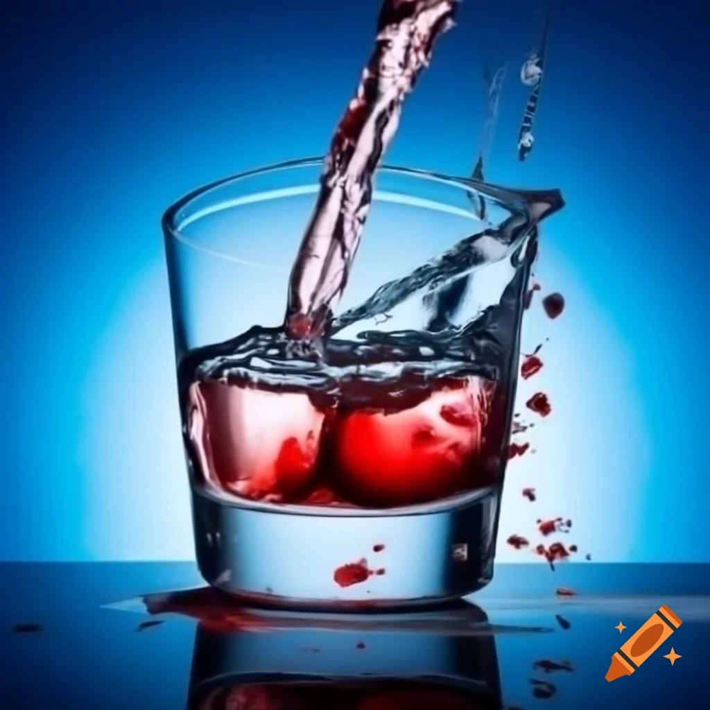 Exploding glass of water with blood red elements against blue ...