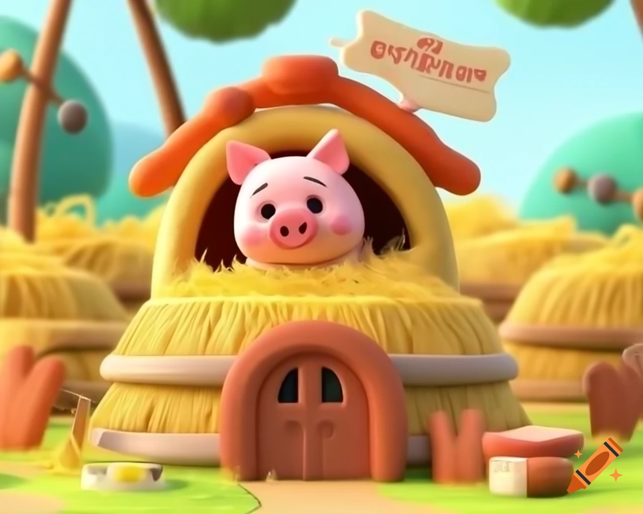 Cartoon pig stacking straw bundles by whimsical crooked roof house on ...