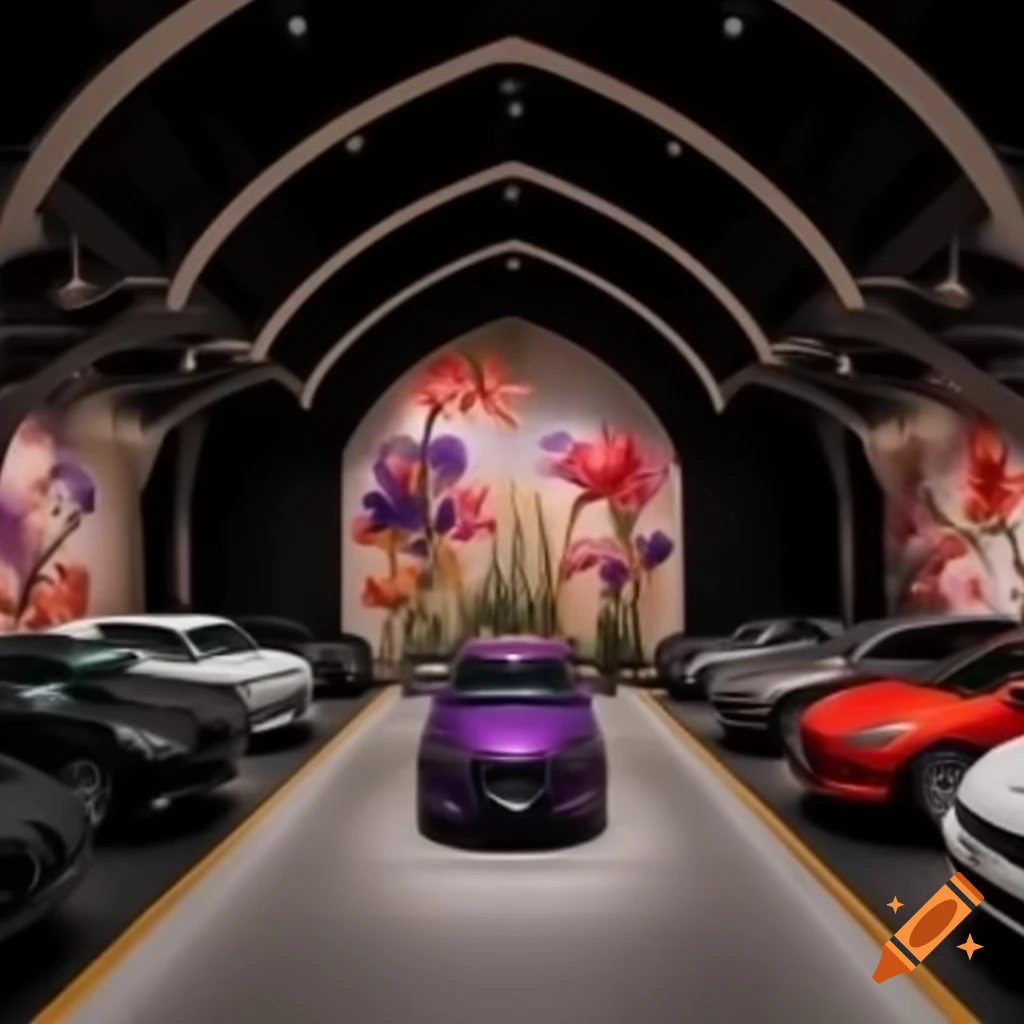Gothic elegance car shop with modern colorful murals and displayed ...