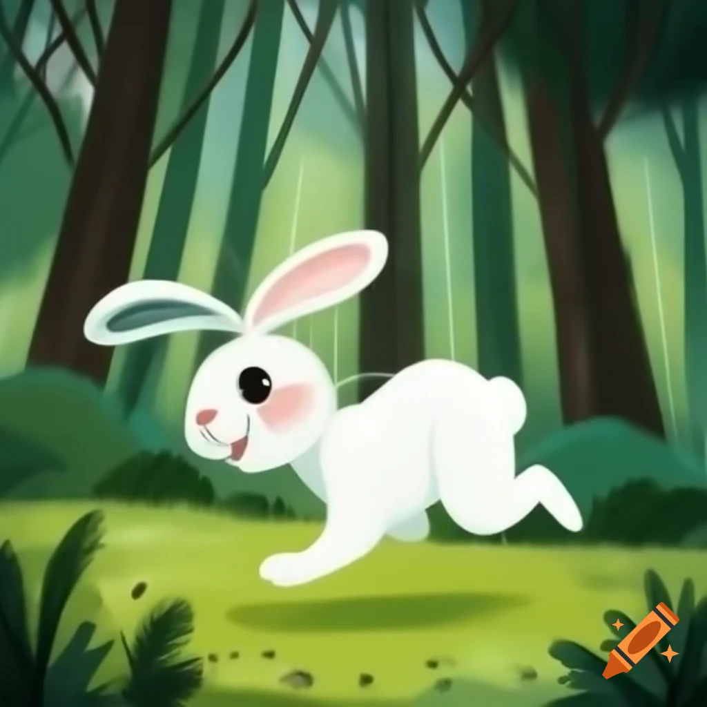 Cute white rabbit running in green forest with tall trees on Craiyon