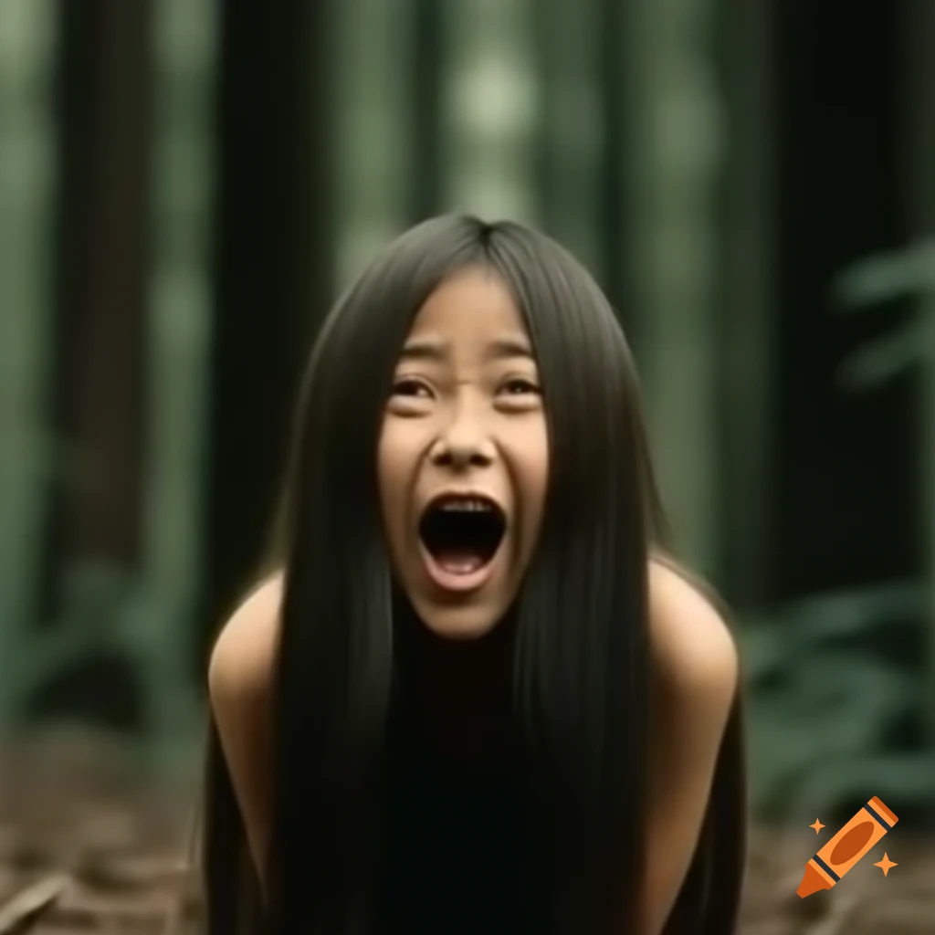 Girl with long bangs kneeling in forest, looking up and expressing fear on Craiyon