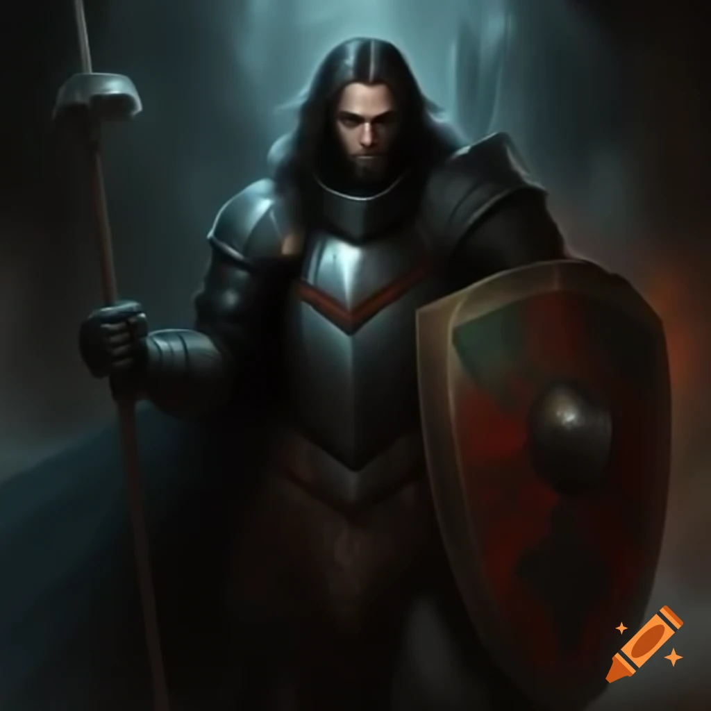 Male knight in dark plate armor with lance and shield on Craiyon