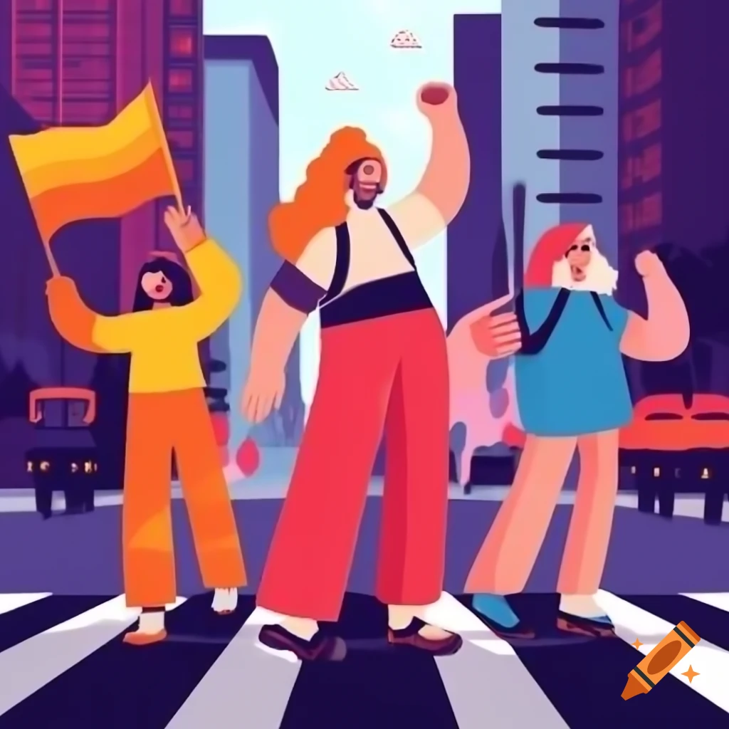 Modern feminist girl marching in city protest, cartoon style on Craiyon