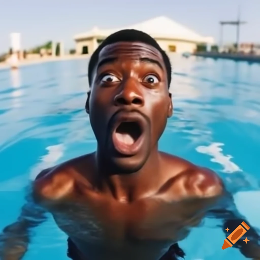Young African-American man expressing surprise in swimming pool on Craiyon